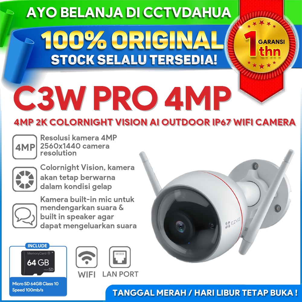 Ezviz C3W PRO 4MP FREE MICRO SD 64GB WIRELESS IPCAM With Official ...