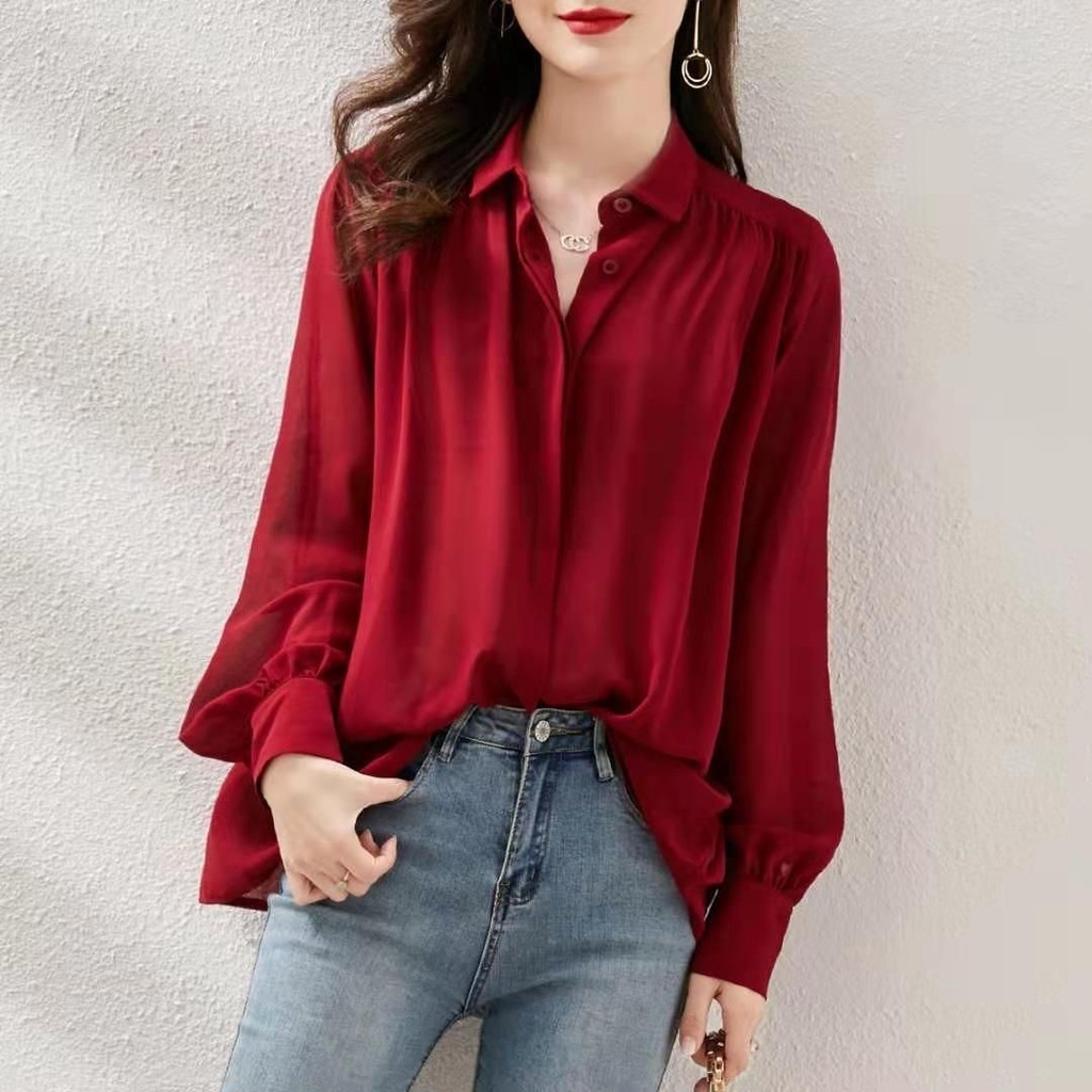 Women Loose Casual Chiffon Long Sleeve Blouses Female Solid Red Work ...