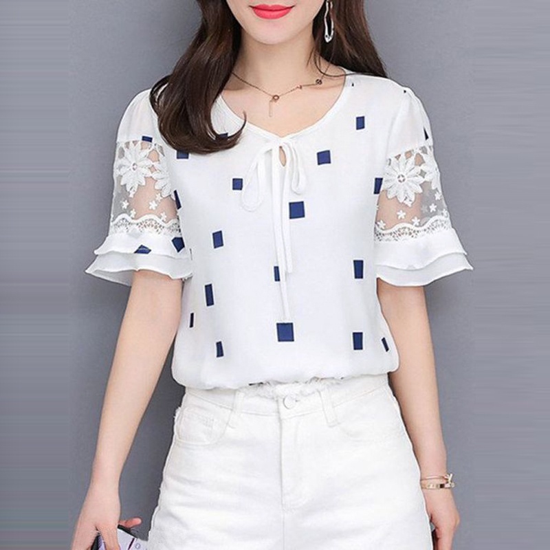 ZANZEA Women Korean Short Sleeves V-Neck Print Lace Blouses | Shopee ...