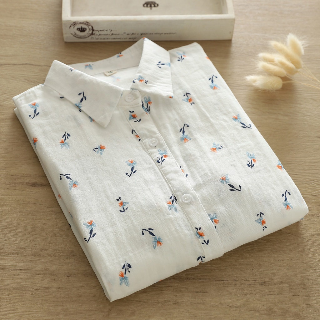 Japanese Style Blouse Women Dandelion Print Cotton Gauze Long Sleeve ...