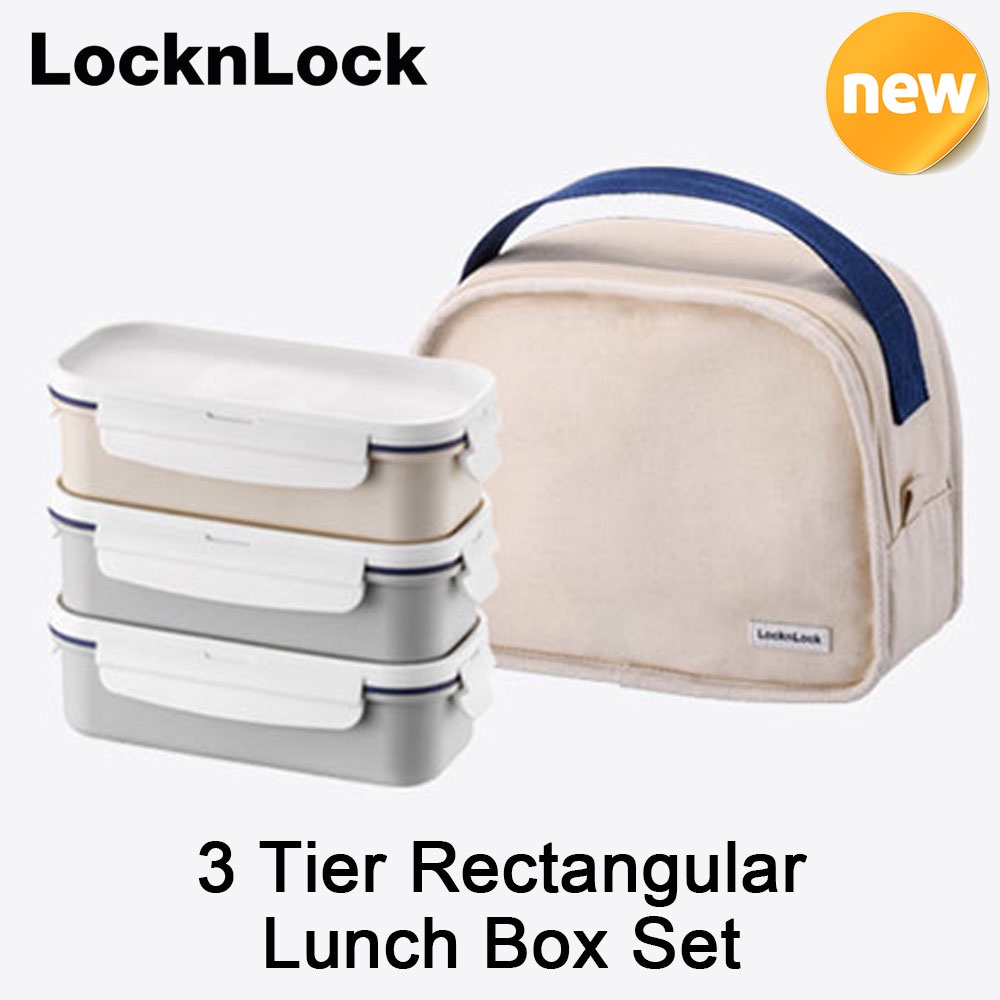 LocknLock 3 Tier Rectangular Lunch Box Set Container with Cotton Bag ...