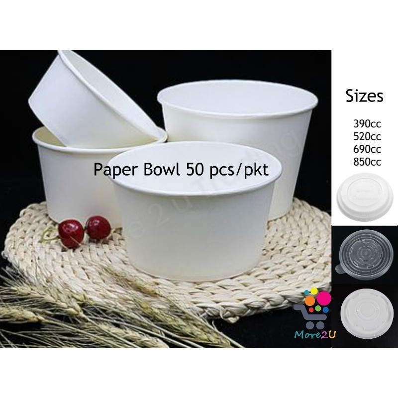 [50 pcs] Disposable Paper Bowl 390cc/690cc/850cc/1000cc /Lid/Cover ...