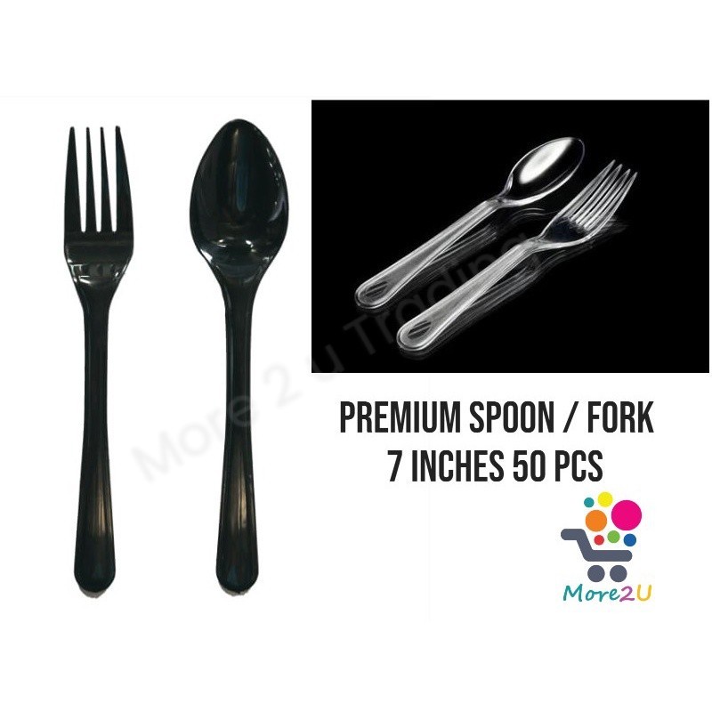 [50pcs] Premium 7" inches Disposable Plastic Spoon & Fork Black & Clear ...