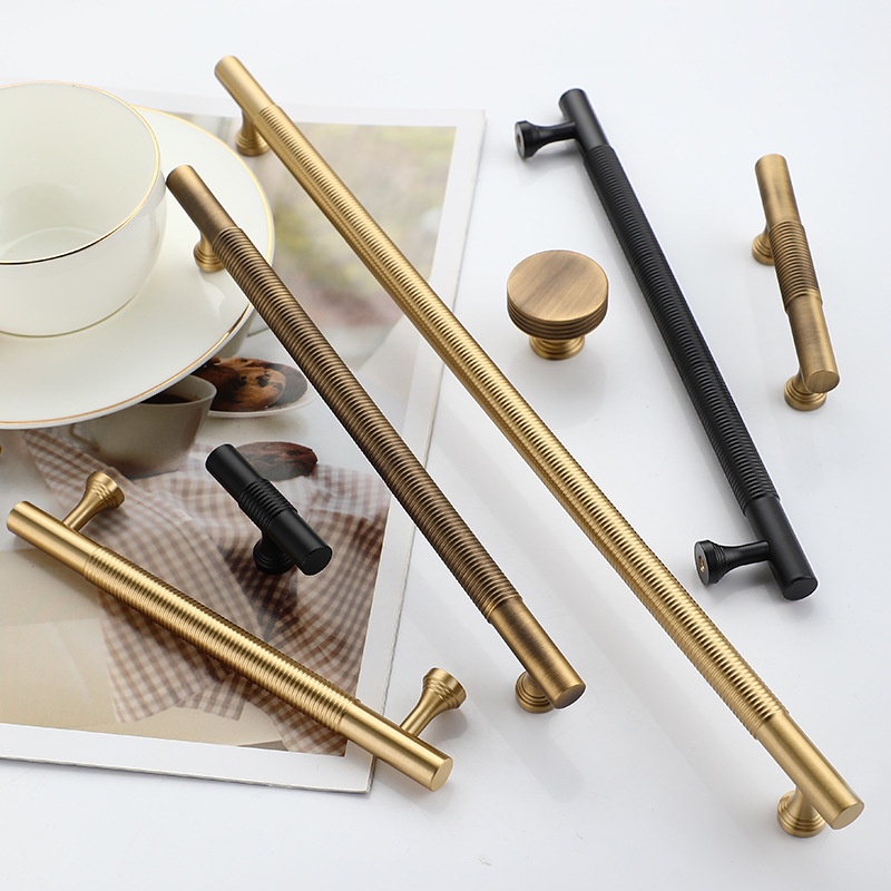Antique Bronze Brass Cabinet Handle and Knob Linear Knurled Solid Brass ...