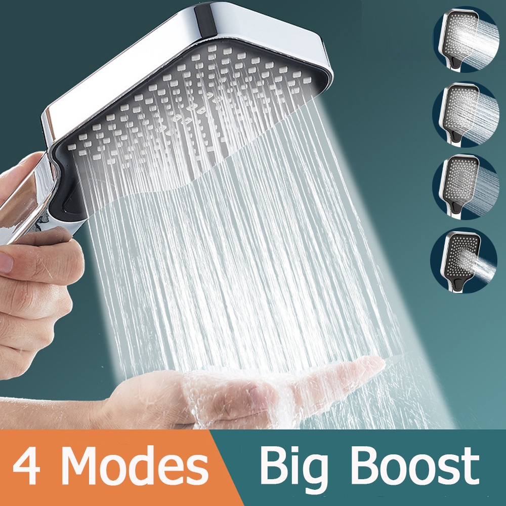 High Pressure Large Flow Shower Head Black 4 Modes Square Water Saving ...