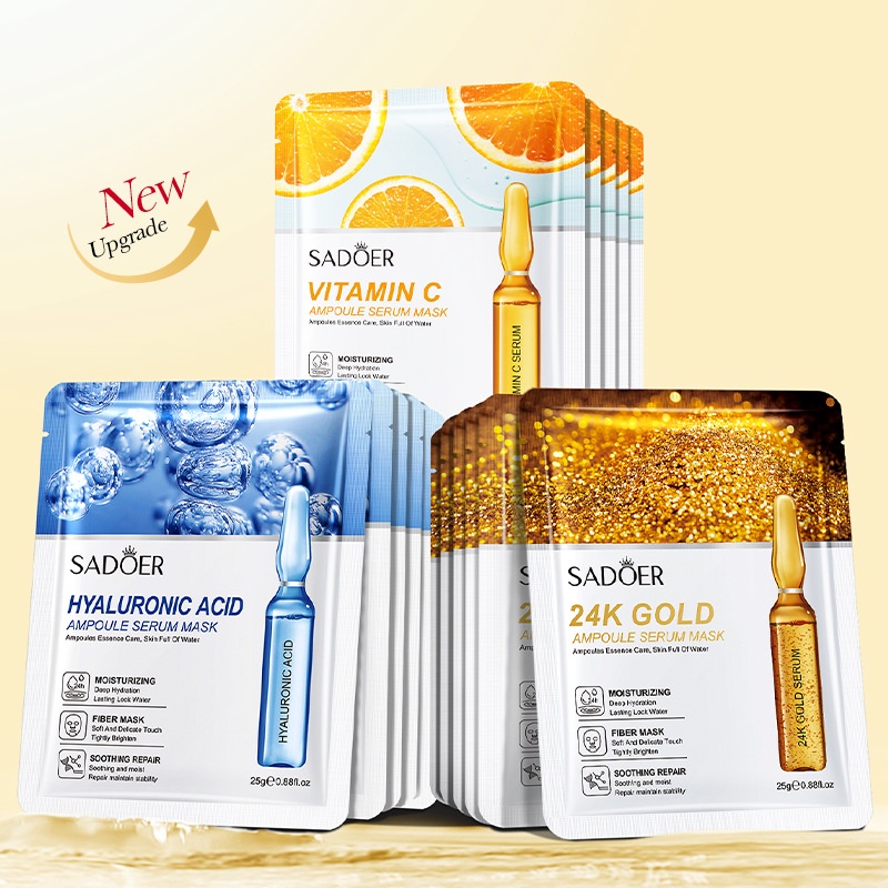 SADEOR 24K Gold/ Hyaluronic Acid/ Vitamin C Ampoule Serum Fac ial Mask Whitening M oisturizing ...