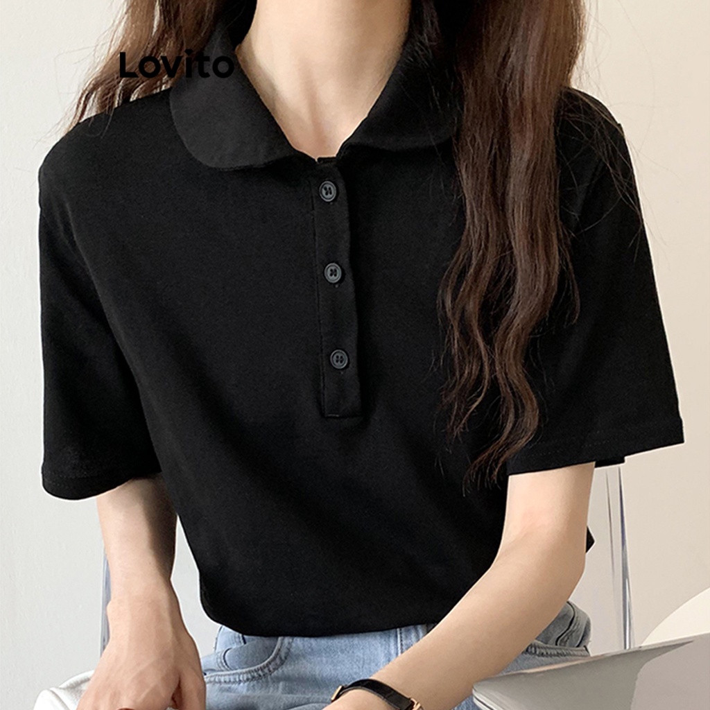 Lovito Casual Plain Button Front T-Shirt for Women LNE17020 (Black ...