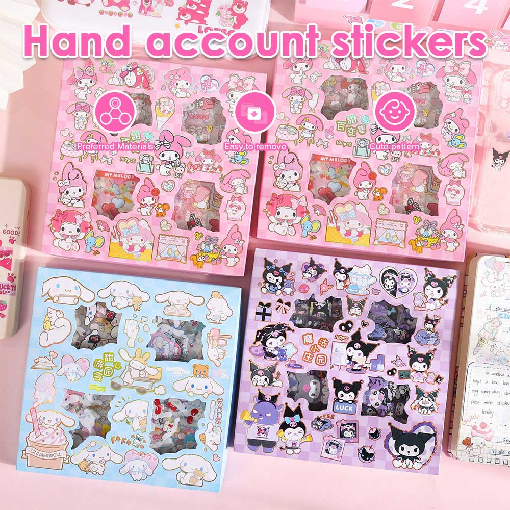 100 Sheets Sanrio Cute Stickers Transparent Cartoon Sticker Gift Box ...