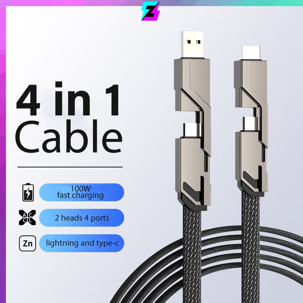 Z Tech 100W 4 in 1 Fast Charging USB Cable Type-C LTG USB 1 meter and 2 ...