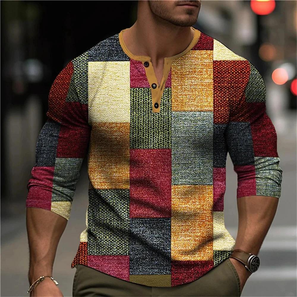 Autumn Color Block Patchwork 3D Print Henley Shirts Men's Fashion ...