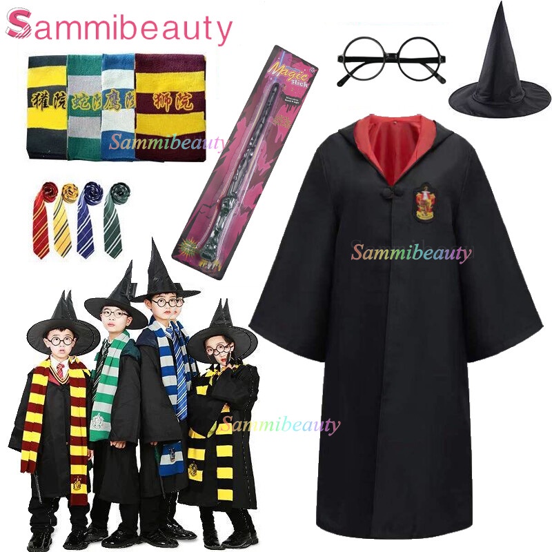 4-piece Harry Potter Cosplay Costume Robe Scarf Tie Luminous Wand Magic ...