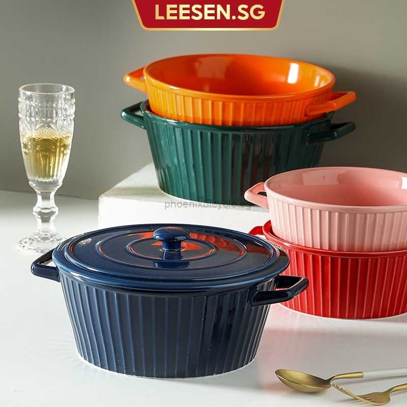 Ceramic Bowl 7-8 Inch Large Microwave Bowl with Lids & Handles & Spoon ...