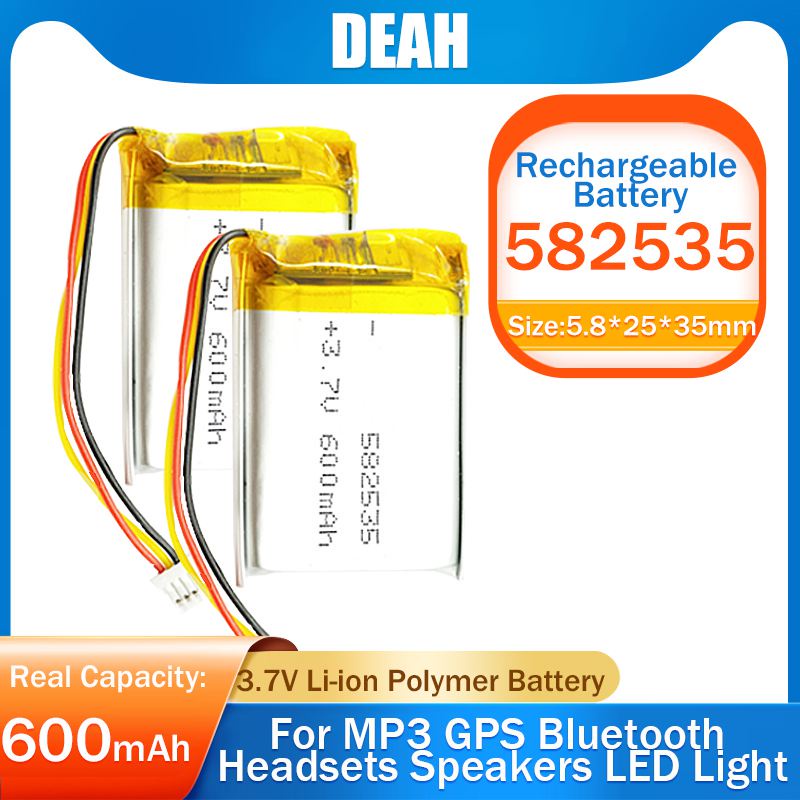 1/2pcs 582535 3.7V 600mAh Lithium Polymer Rechargeable Li-ion Battery ...