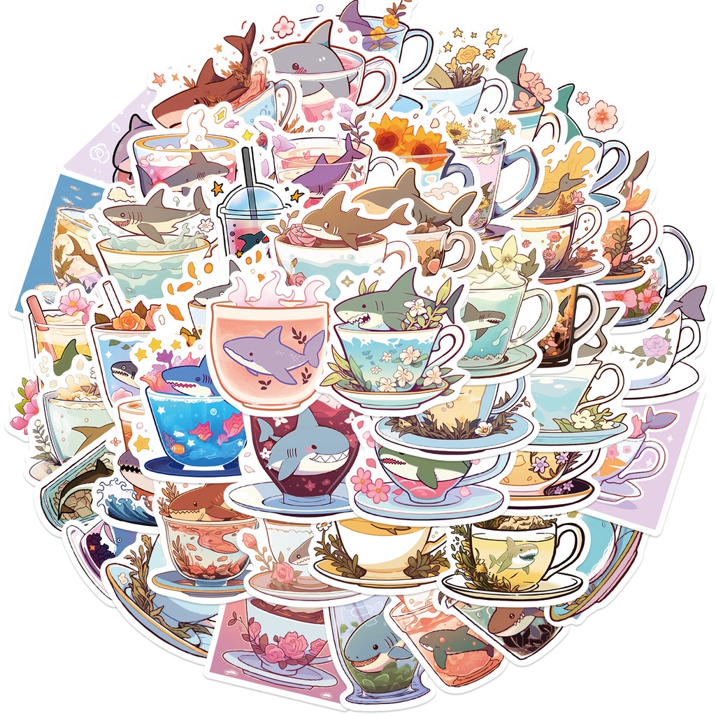 50PCS Cute Cartoon Sharks in The Cups Waterproof Graffiti Stickers for ...