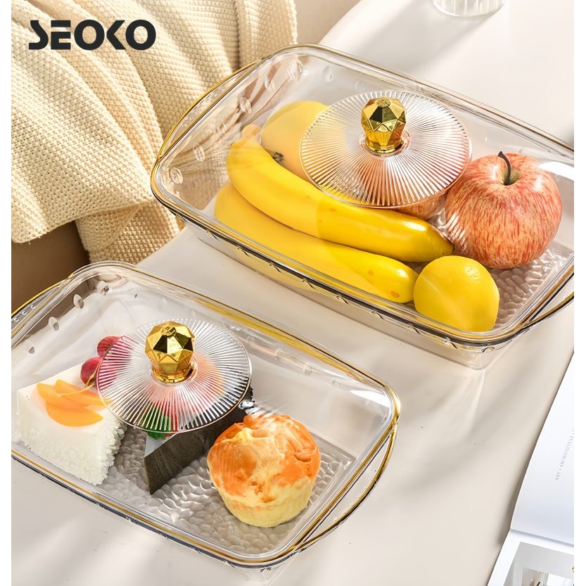 Transparent Storage Plate with Lid, Oval Gold Edge Fruit Bowl for ...