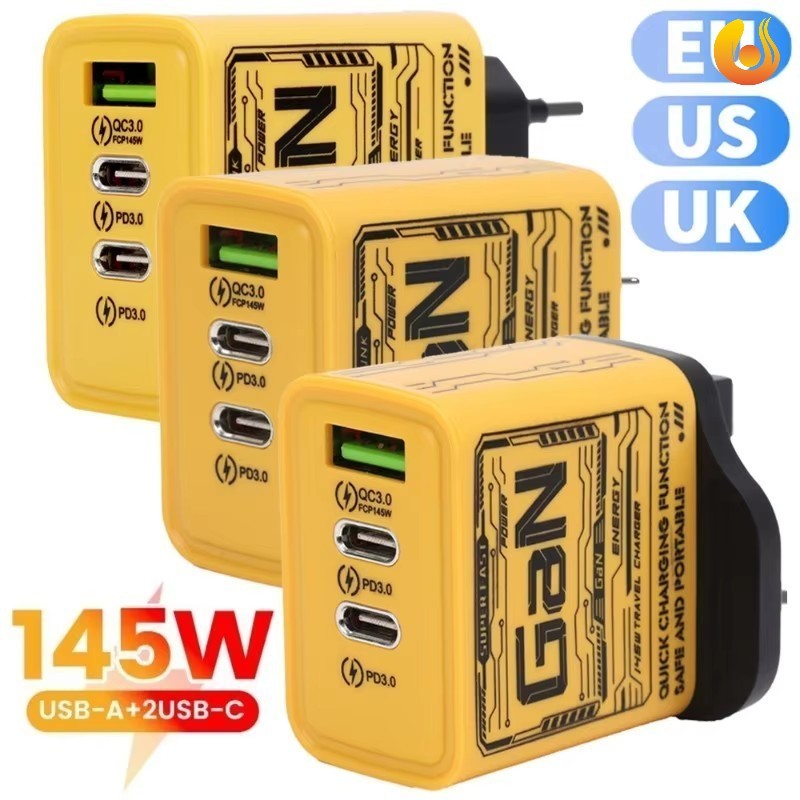 UK/EU/US Plug 145W 1 USB+2 PD High-power Block Charger - Yellow Mecha ...