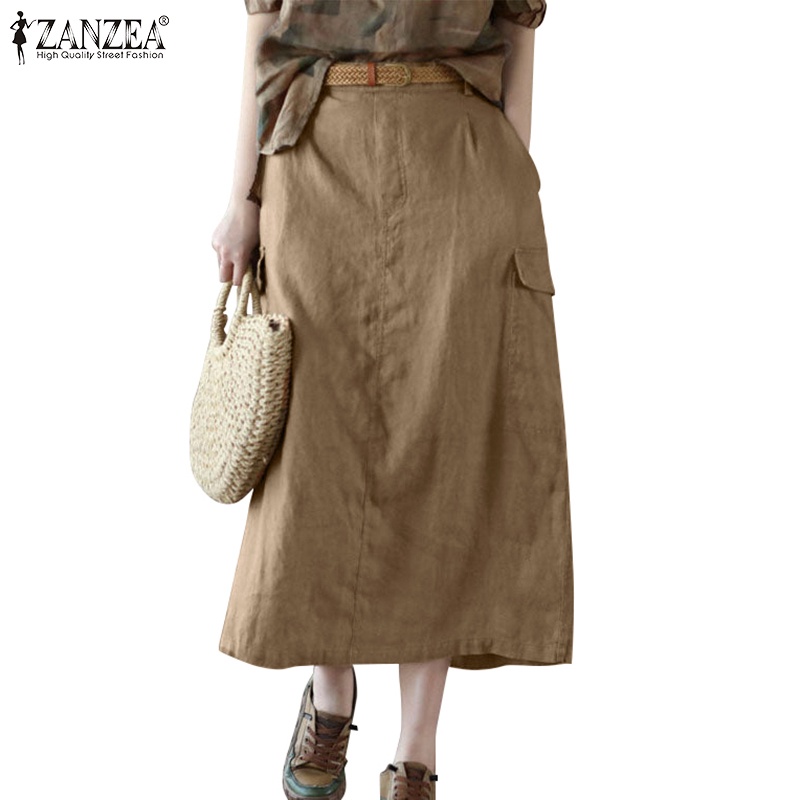 ZANZEA Women Patch Pockets Center Front Zipper Pleated Cargo Overskirts ...
