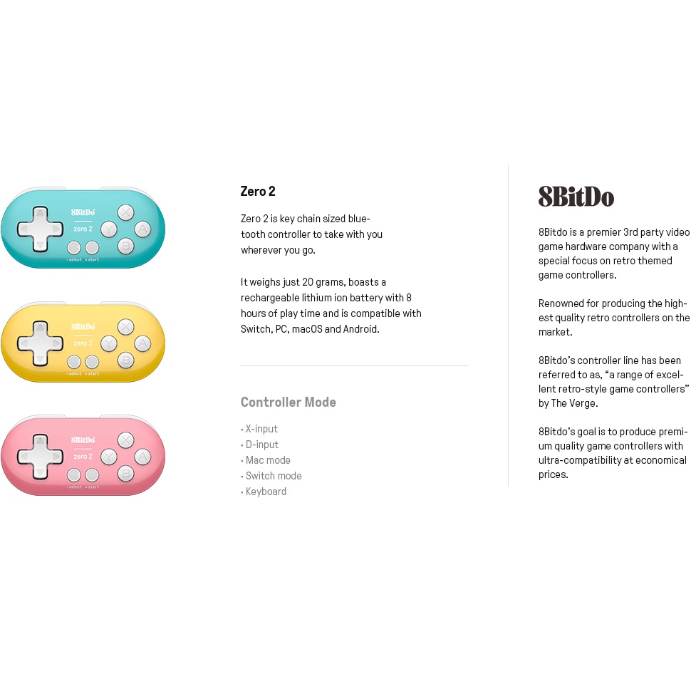 (SG)8Bitdo Zero 2 Bluetooth Gamepad Keychain Sized Mini Controller for Switch, Windows, Android ...