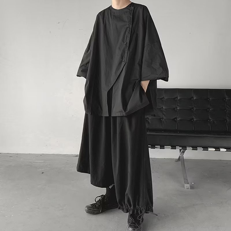 [X-MEN] Yohji Yamamoto Collarless Shirt MEN Summer Fashion Diagonal ...