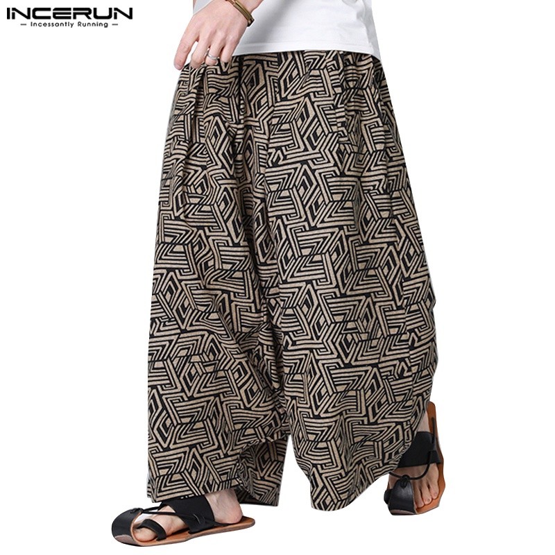 INCERUN Men Ethnic Print Loose Drag Floor Drape Low Crotch Trousers ...
