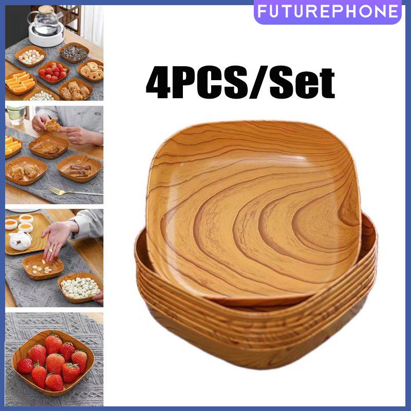 4pcs/set Kitchen Wood Grain Plastic Square Plate Dried Fruit Fruit Cake ...