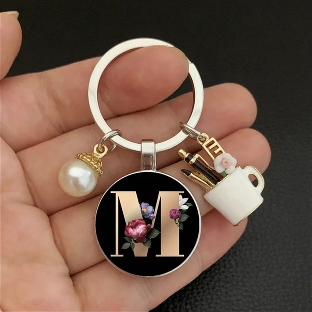 Elegant Imitation Pearl Key Chain Charm Enamel Pen Holder 26 Letters ...