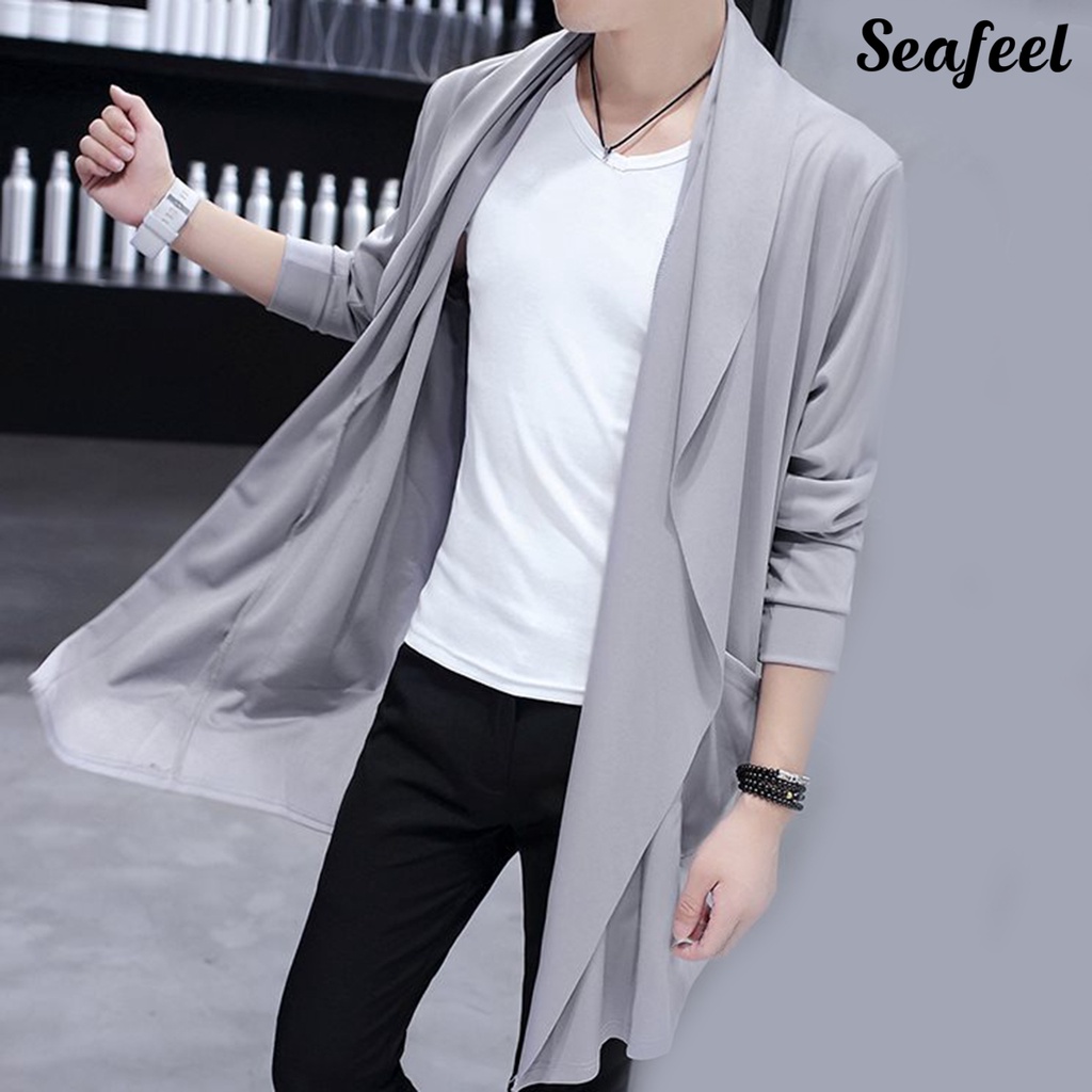 [SEA] Men Trench Windbreaker Large Neckline Solid Color Slim Mid-length ...