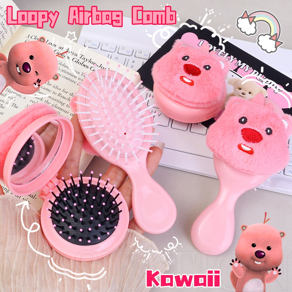 Cartoon Cute Loopy Foldable Airbag Comb With Mirror / Kawaii Plush Pink ...
