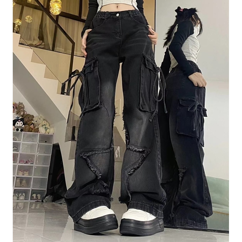 ZH【 Ready Stock】Women's Black Gothic Baggy Cargo Jeans with Star Harajuku Y2k 90s Aesthetic ...