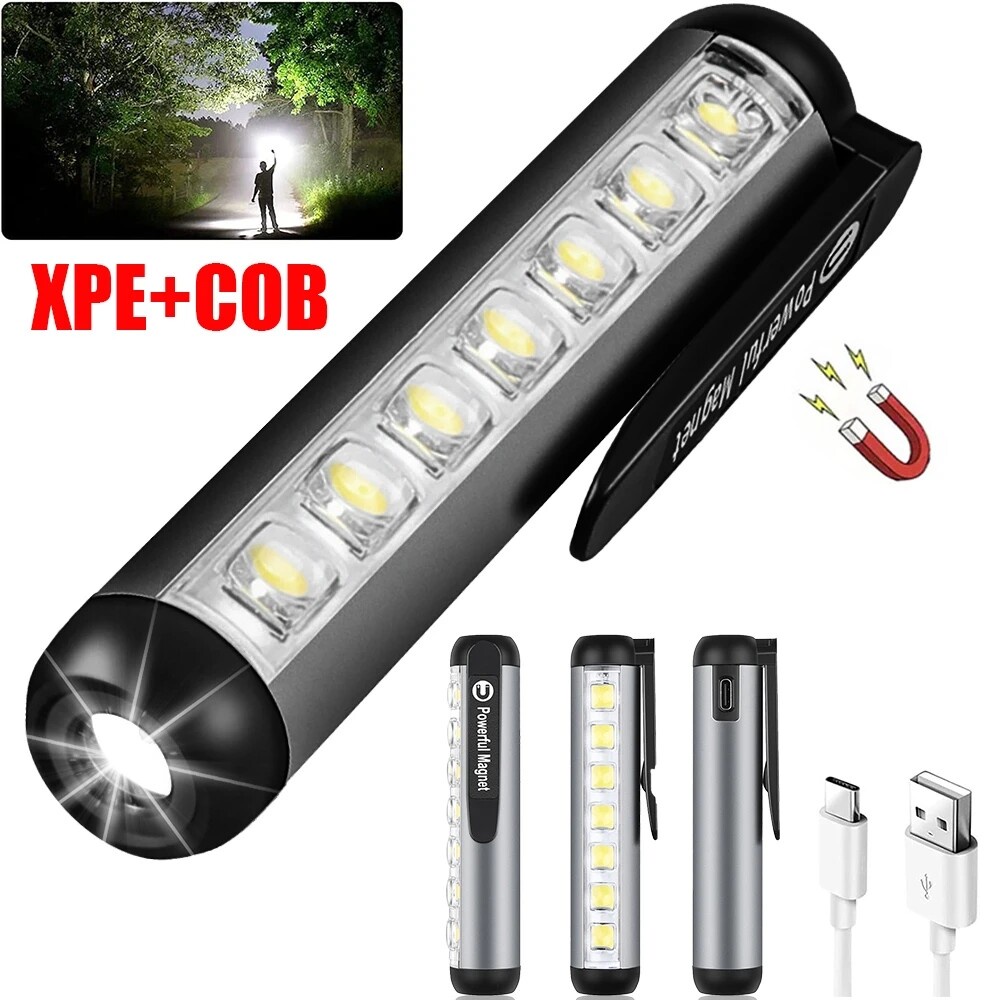 Mini LED Flashlight XPE + COB Lamp Beads Ultra Bright Torch with Clip ...