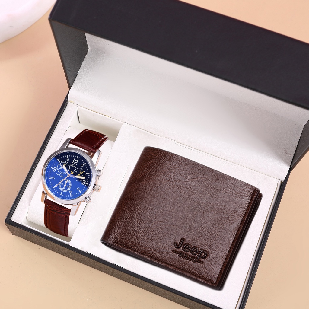 2PCS Men Watch Wallet Set Business Multi Color Round Dial PU Leather ...