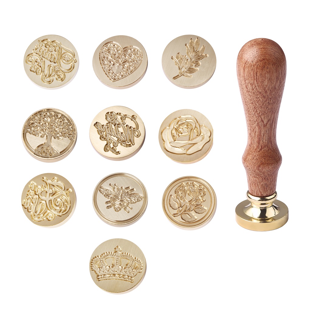 Vintage Stamp Wax Seal Head Set Flower Fire Paint Wooden Handle Set For ...