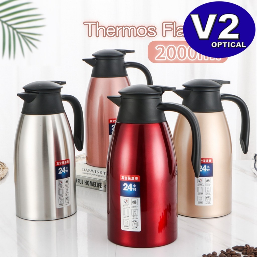 (2L) Stainless Steel 304 Thermos Flask With Press Button Vacuum Insulated Double Layer Water Jug ...