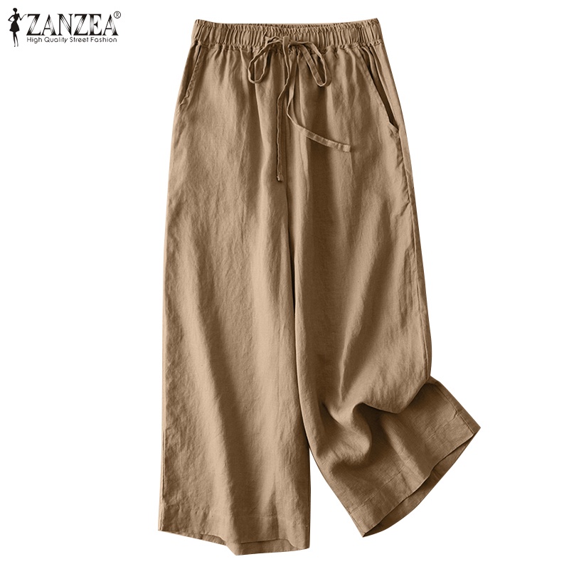 ZANZEA Women Side Pockets Rubber Band Waist Drawstring Wide-Legged ...