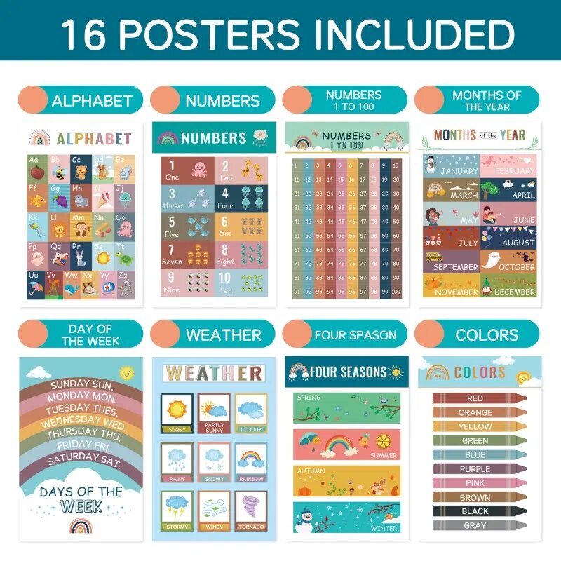 16 Themes Educational School Posters Preschool Kids English Words ...
