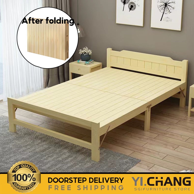 YICHANG Full Solid Wood Folding Bed Bed Frame Solid Wood Single Bed ...