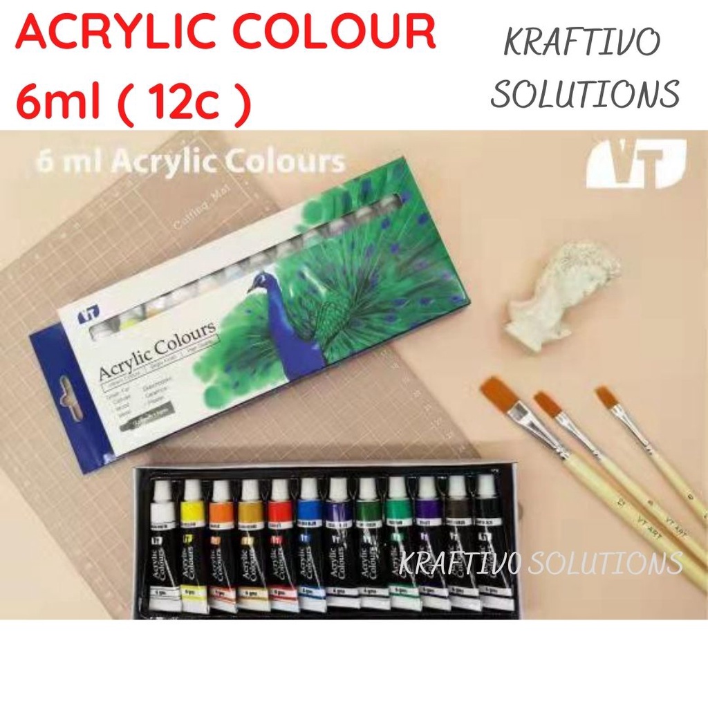 [ 6ml ] VT ACRYLIC COLOURS TUBE SET 12 COLOURS / ECONOMY ACRYLIC COLOUR ...