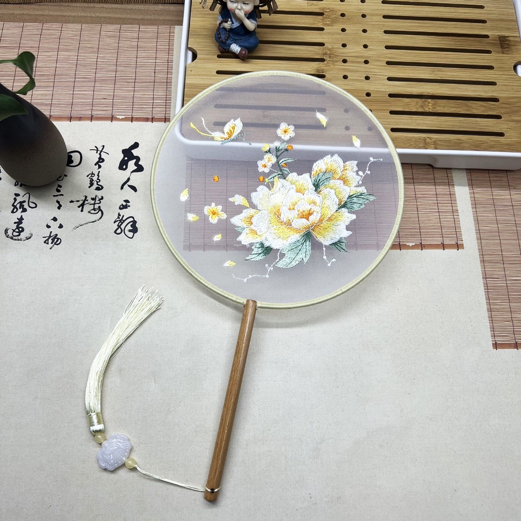 Double Sided Embroidery With Peony Fan Embroidery With Silk Wrapping ...