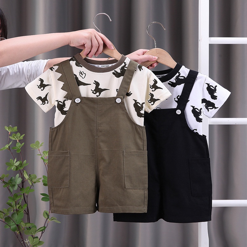 1-5 years Kids clothes set Boy Dinosaur T-shirt+Overalls Suspenders ...
