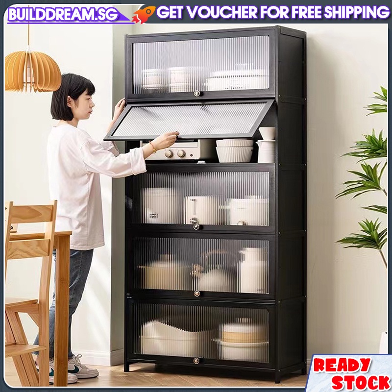 Black Sideboard Cabinet Kitchen Cabinet with Transparent Flip Door Home ...