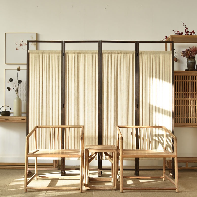Simple Screen Chinese style 中式屏风 solid wood linen partition living room ...