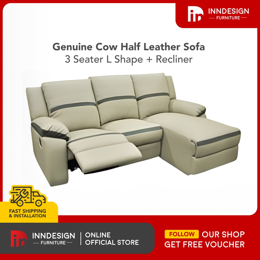 INNDESIGN 3 SEATER HALF LEATHER L SHAPE WITH RECLINER SOFA / SOFA L ...