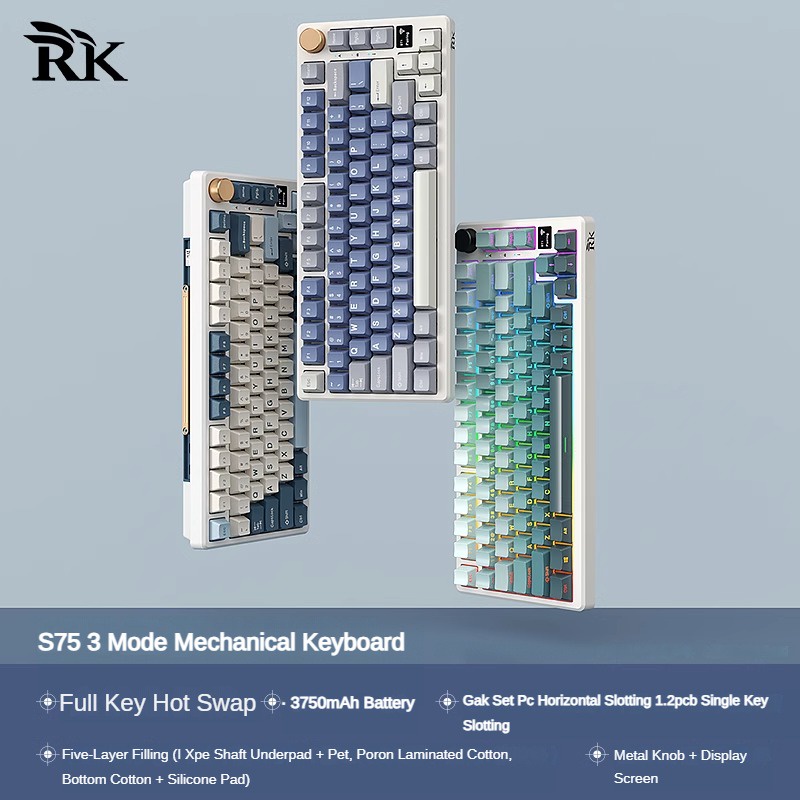 2023 New Ready stock! RK S75 mechanical keyboard RGB Bluetooth 2.4G wired 3 mode GASKET ...
