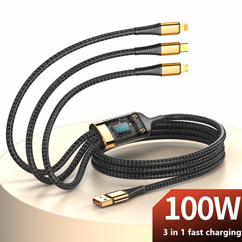 100W 3 in 1 Super Charging Cable 6A Micro USB Type C Digital Display ...