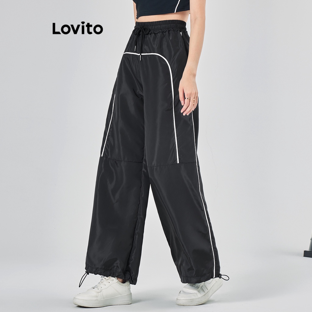 Lovito Casual Plain Drawstring Side Stripe Contrast Binding Pants for ...
