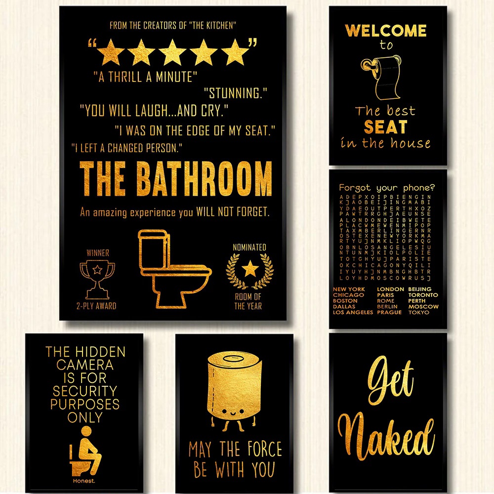 Black Golden Wall Art Canvas Painting Modern Funny Bathroom Rules Sign ...