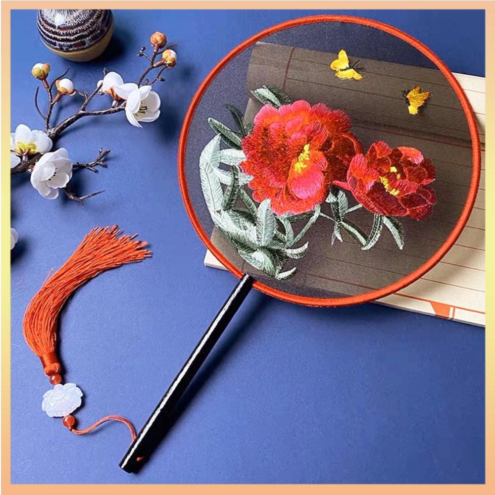Double Sided Embroidery With Peony Fan Embroidery With Silk Wrapping ...