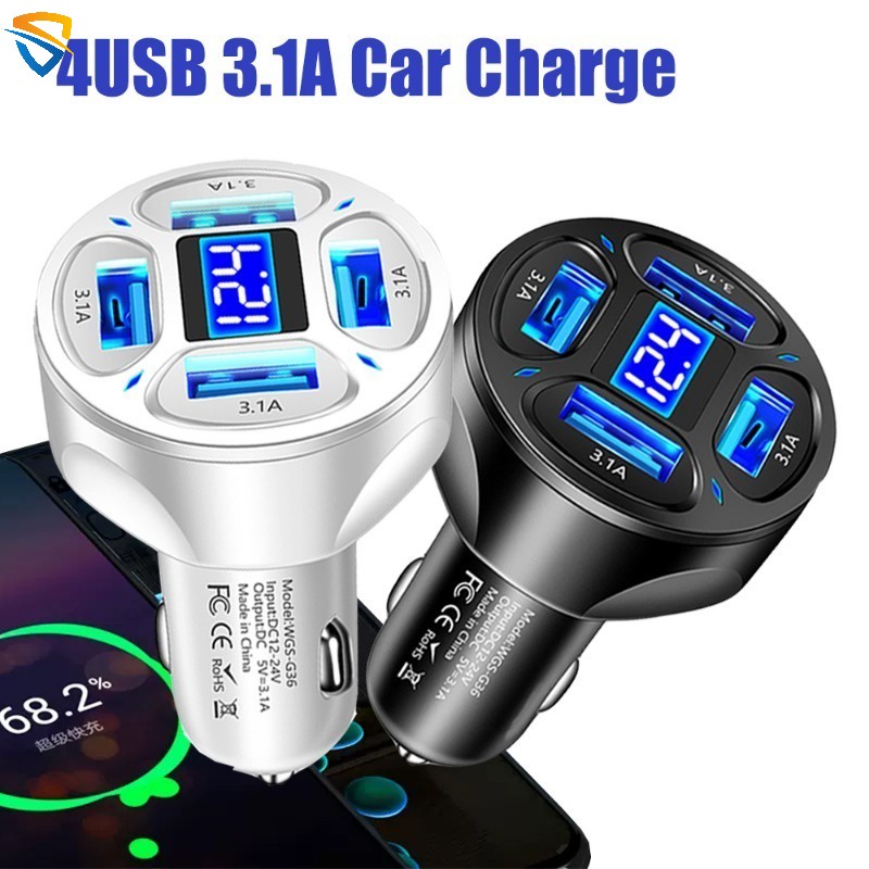 Portable 4 USB Ports Adapter Car Charger with LED Digital Display 3.1A ...