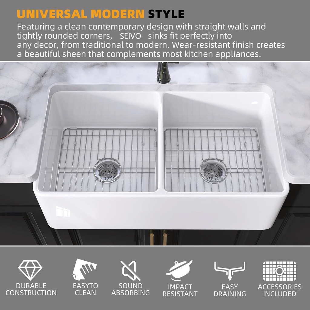SG STOCKS👉33" White Farm Sink Double Bowl - 33×20 Apron Front Farmhouse ...