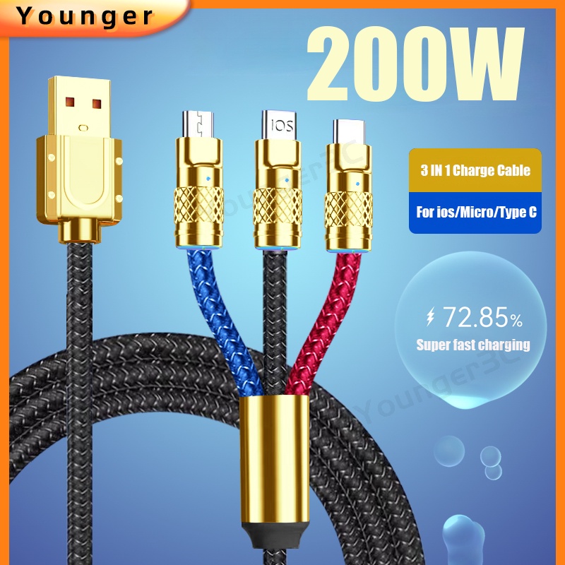 200W Super Fast Charging Cable 3 In 1 kirsite Braided Data Cable 6A ...